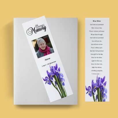 Purple Irises Funeral Bookmark Template - Funeral Pamphlet Site